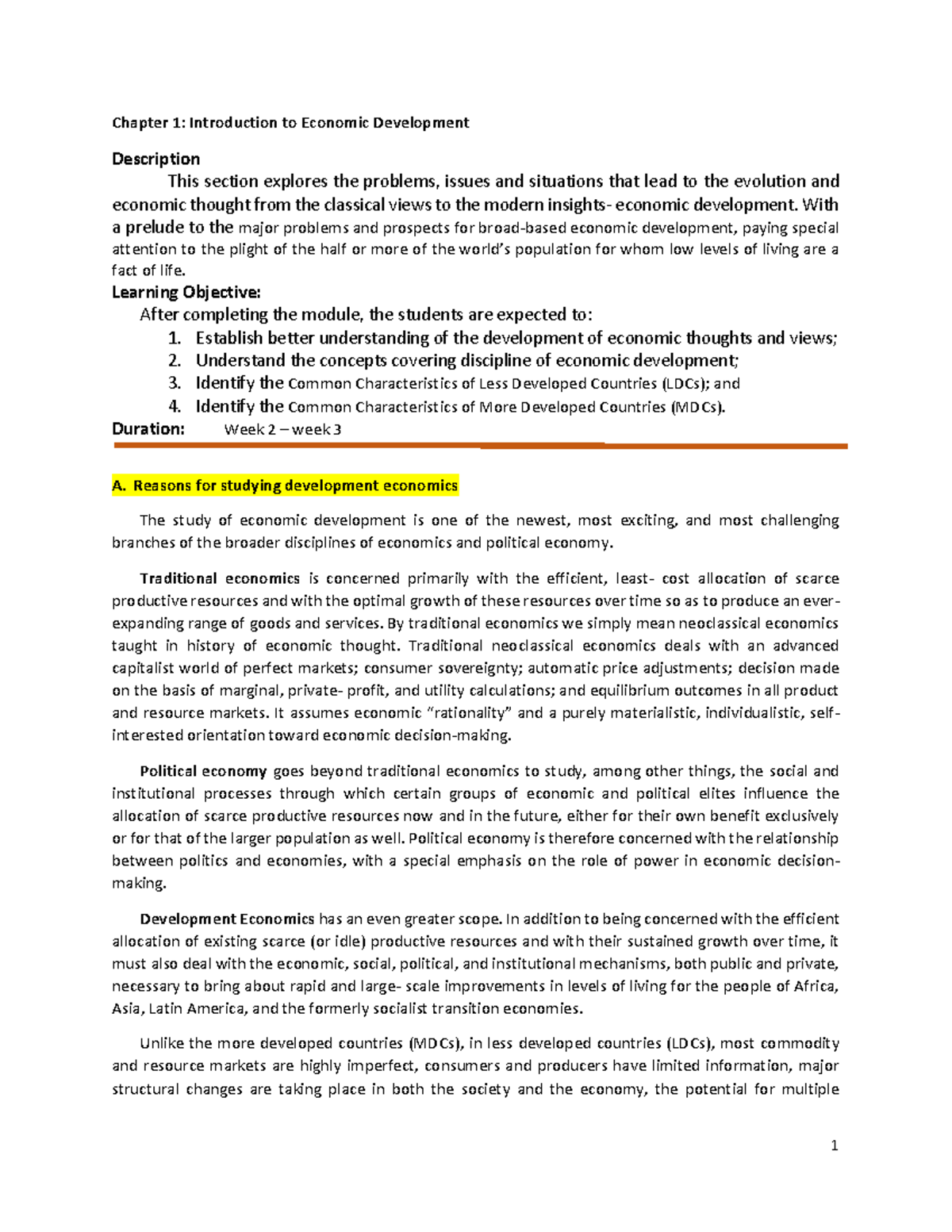 Module ECOE301 Economic Development PART 1 - Chapter 1: Introduction to ...