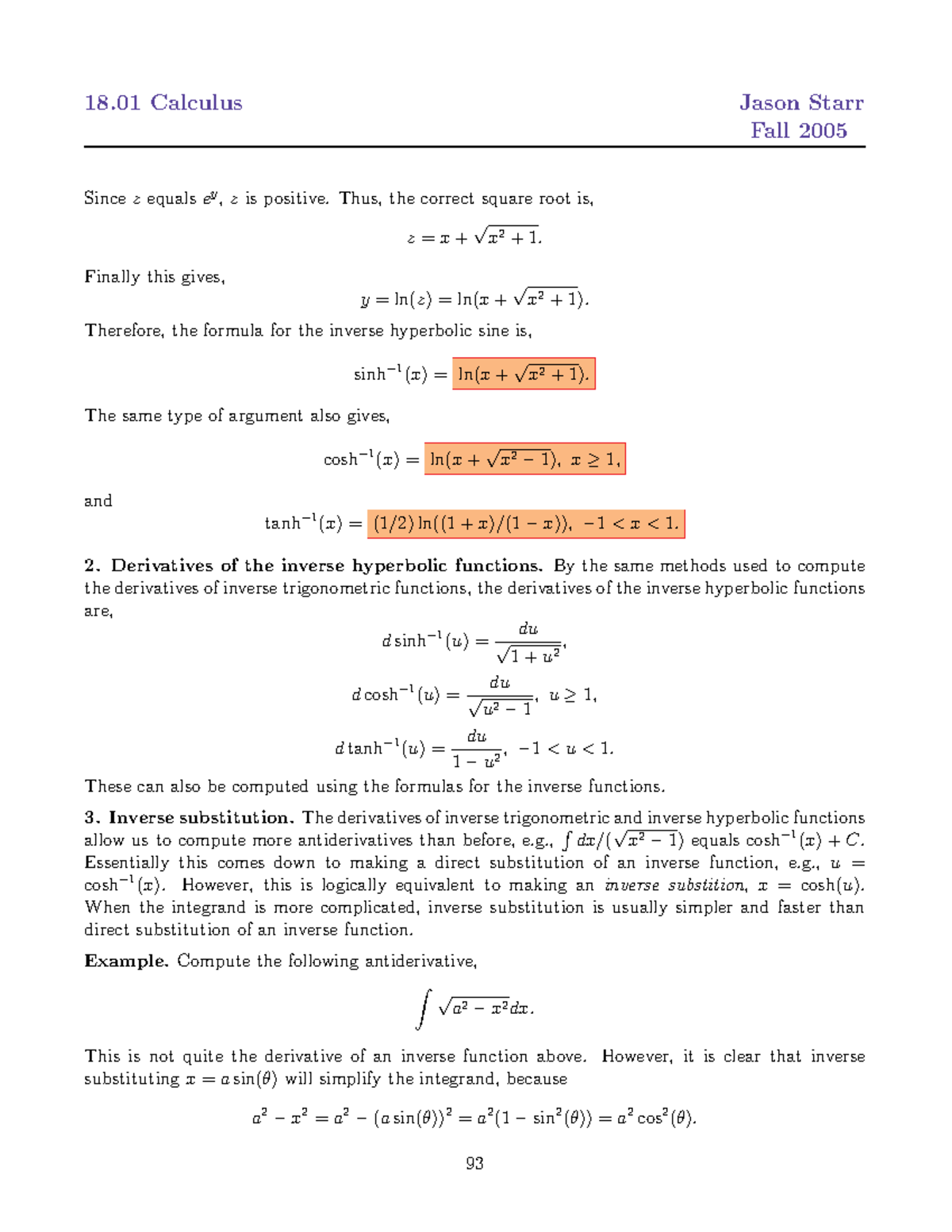 18.01 Calculus Lecture Notes: Inverse Hyperbolic Functions - Studocu