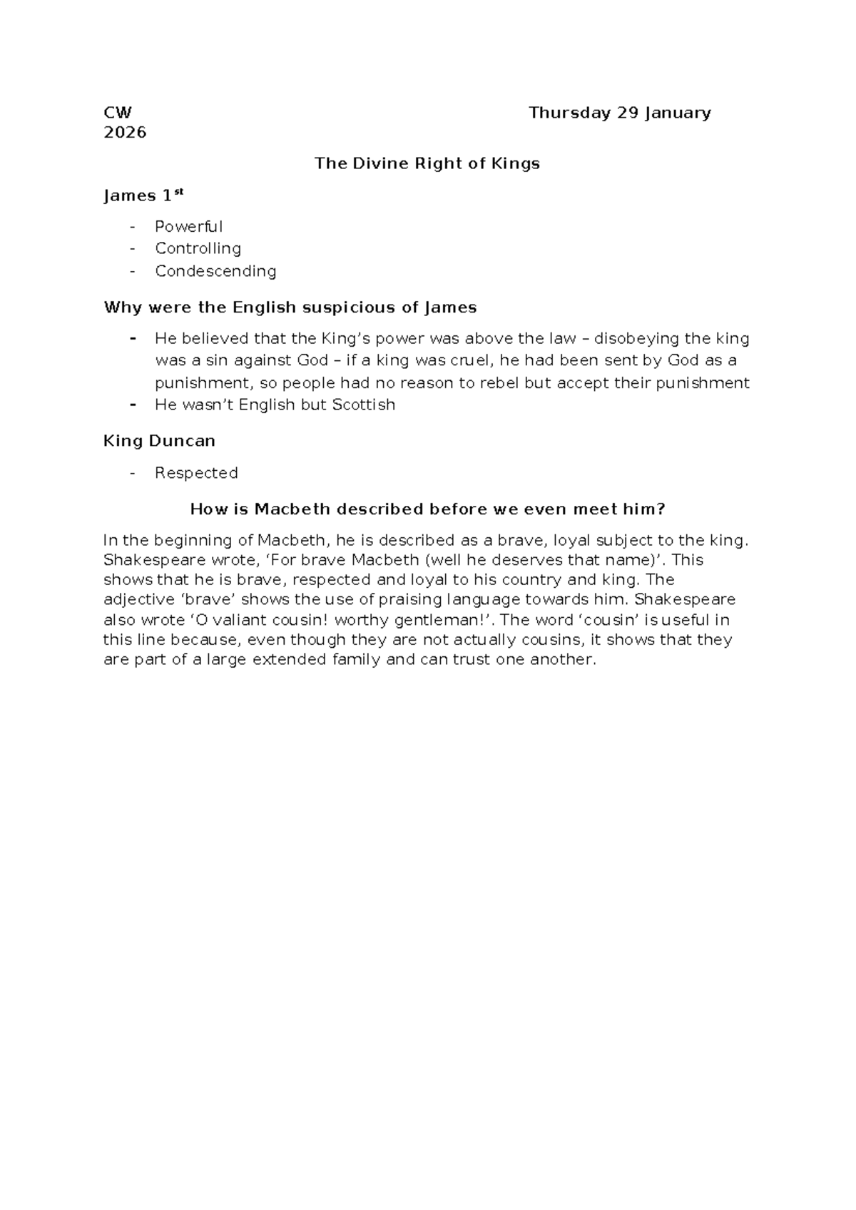 CW 2026 Lecture Notes: The Divine Right of Kings & Macbeth Analysis ...
