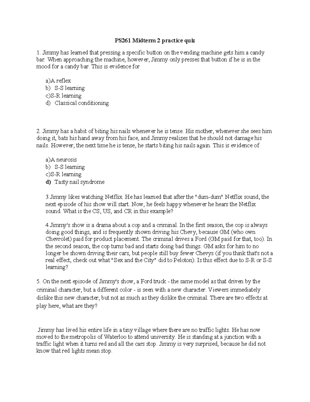 PS261 Midterm 2 Practice Quiz: Learning and Conditioning Concepts - Studocu