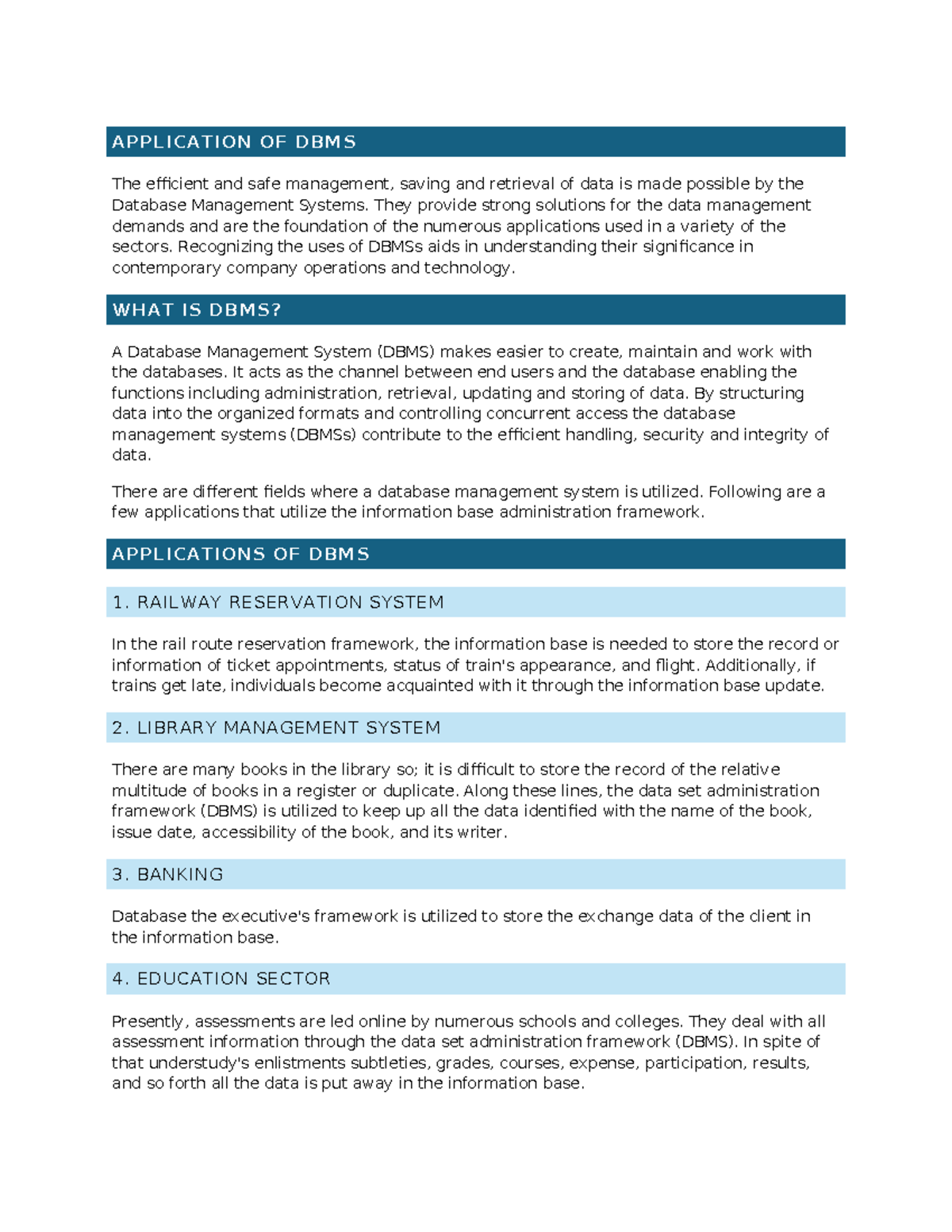 Applications and Importance of DBMS in Modern Industries - Studocu