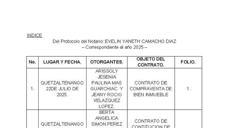 Índice del Protocolo Notarial 2025 - Evelin Yaneth Camacho Díaz - Studocu