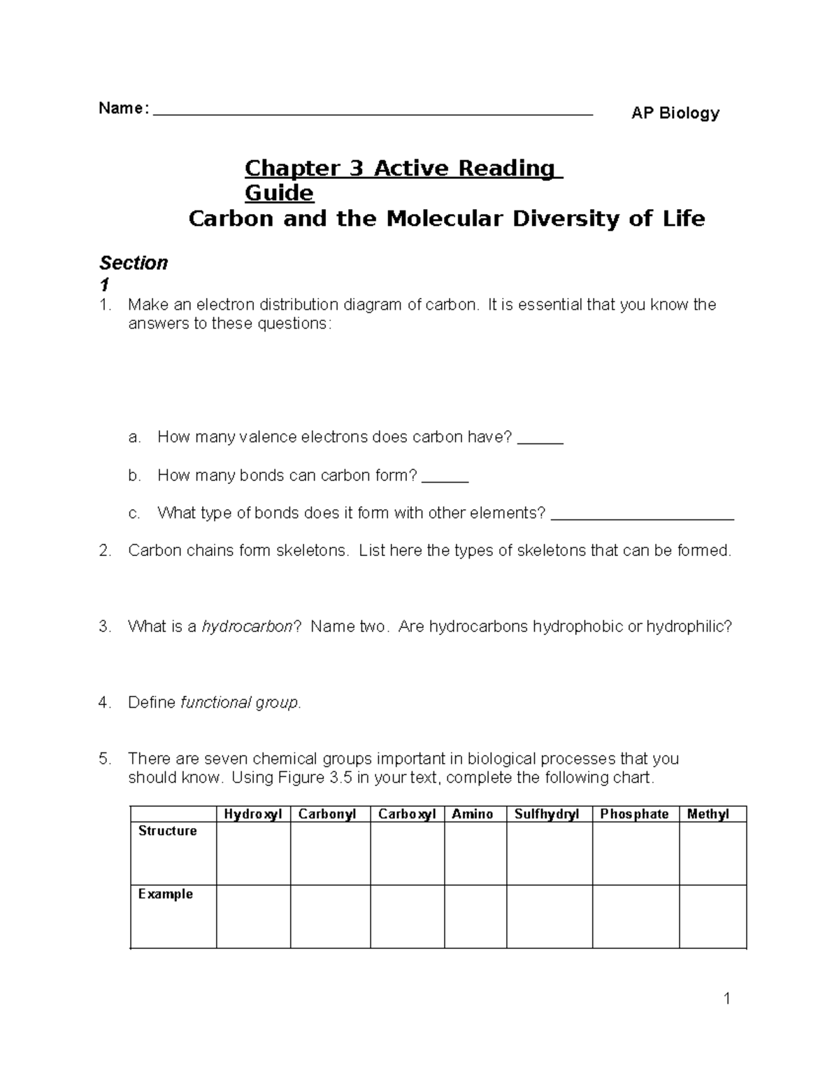 AP Biology Chapter 3 Active Reading Guide: Carbon & Molecular Diversity ...