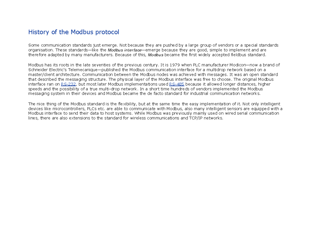 Modbus+History+and+Overview - History of the Modbus protocolSome ...