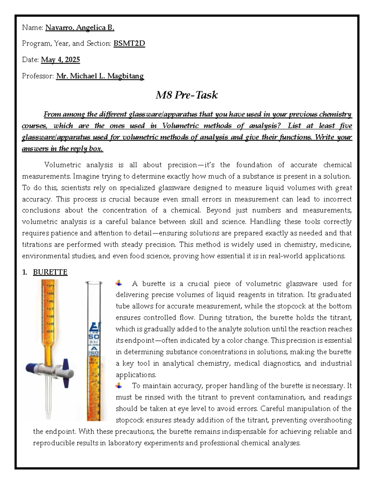 Anachem Lab M8 Pre-Task: Volumetric Methods & Glassware Functions - Studocu