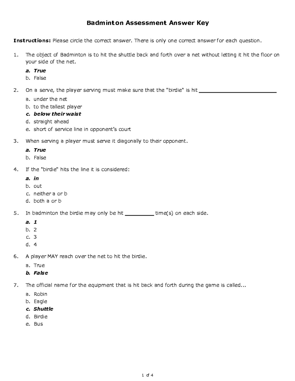 Badminton Assessment Answer Key: PE 101 Exercise Quiz - Studocu