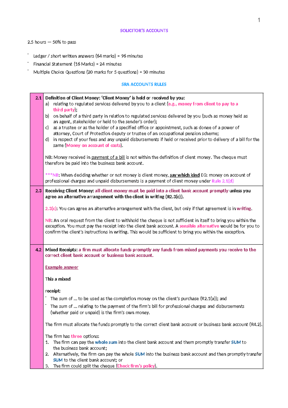 SRA Rules Summary for Client Ledgers: SAC Notes 2 - Studocu