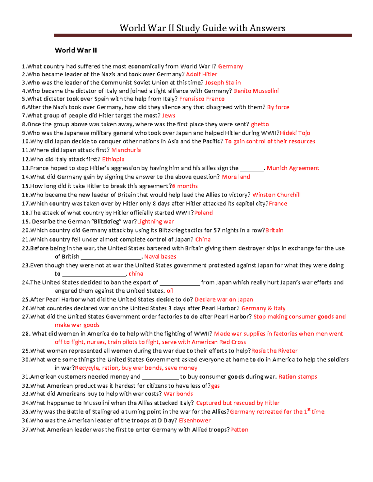 WWII Study Guide with Answers (HIST 101) - Studocu