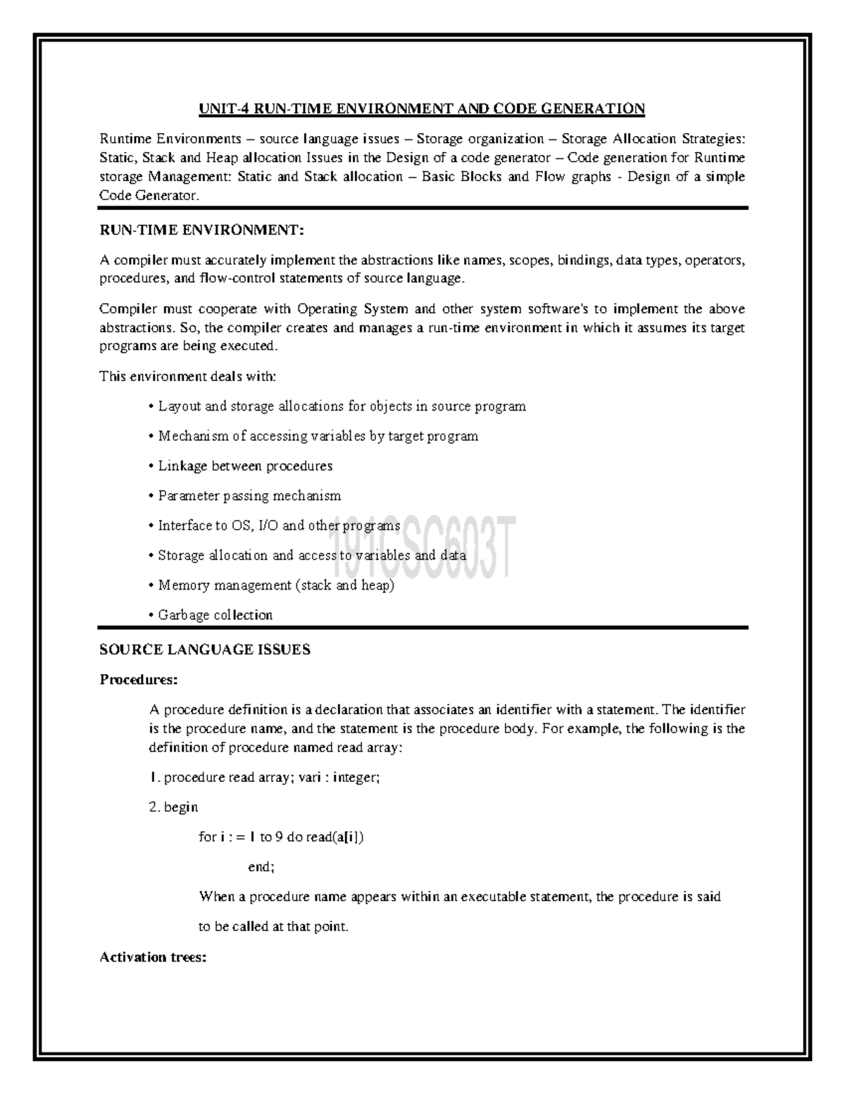 UNIT 4: Code Generation & Runtime Environment Overview - Studocu