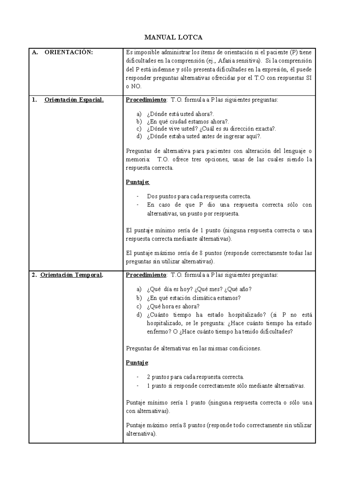 Evaluación Cognitiva LOTCA: Manual de Procedimientos y Puntajes - Studocu