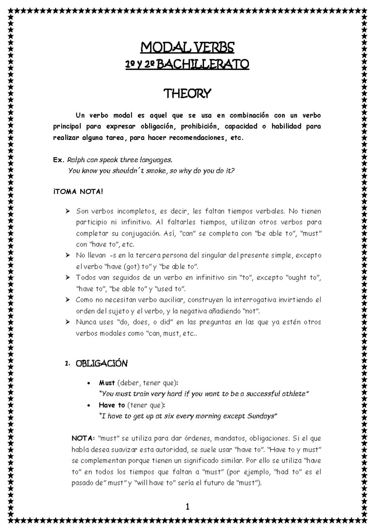 Modal Verbs Bachillerato Teoría Y Ejercicios - MODAL VERBS 1º y 2º ...