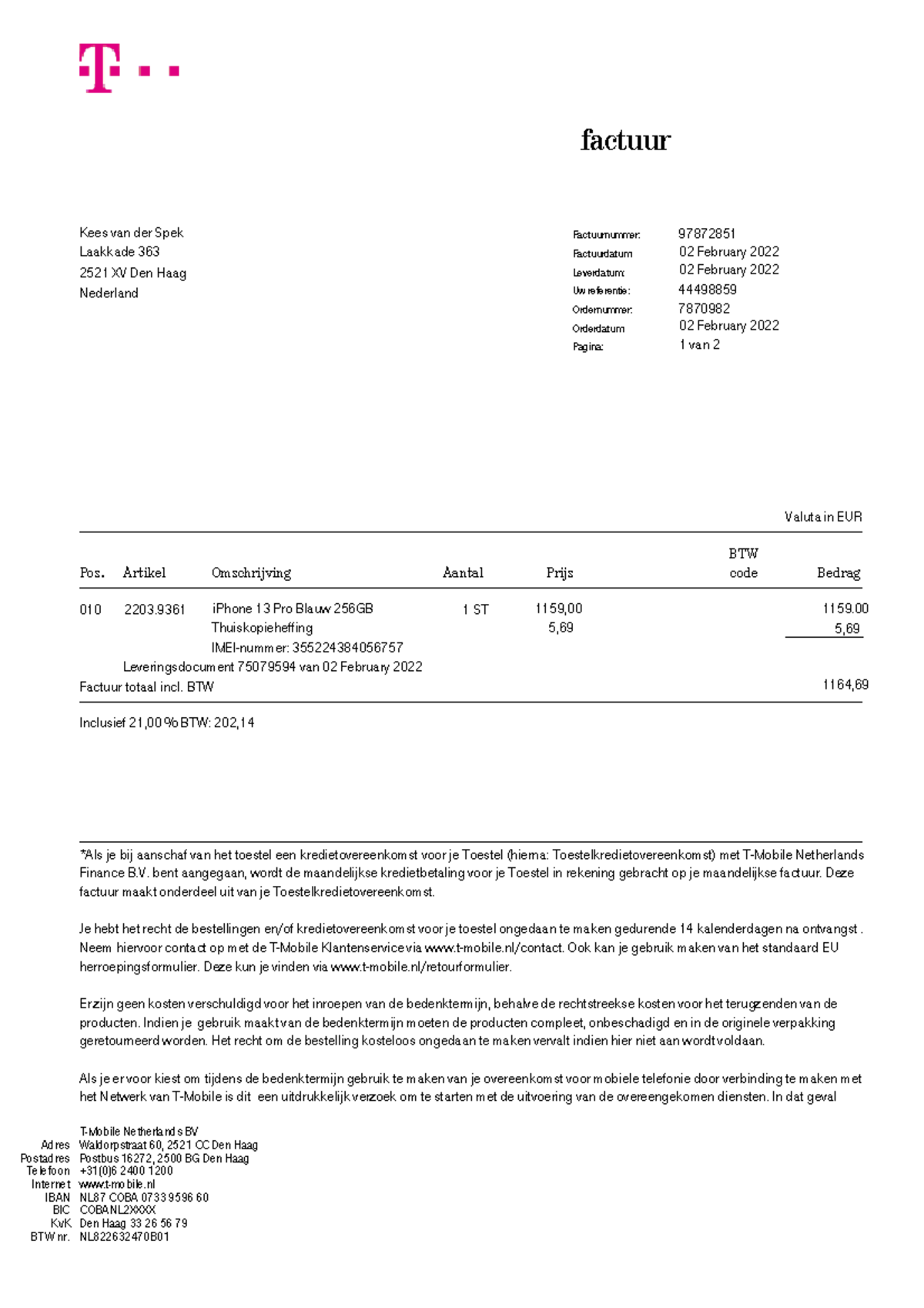 T-Mobile NL Toestel Factuur en Bedenktijd Informatie - Studeersnel