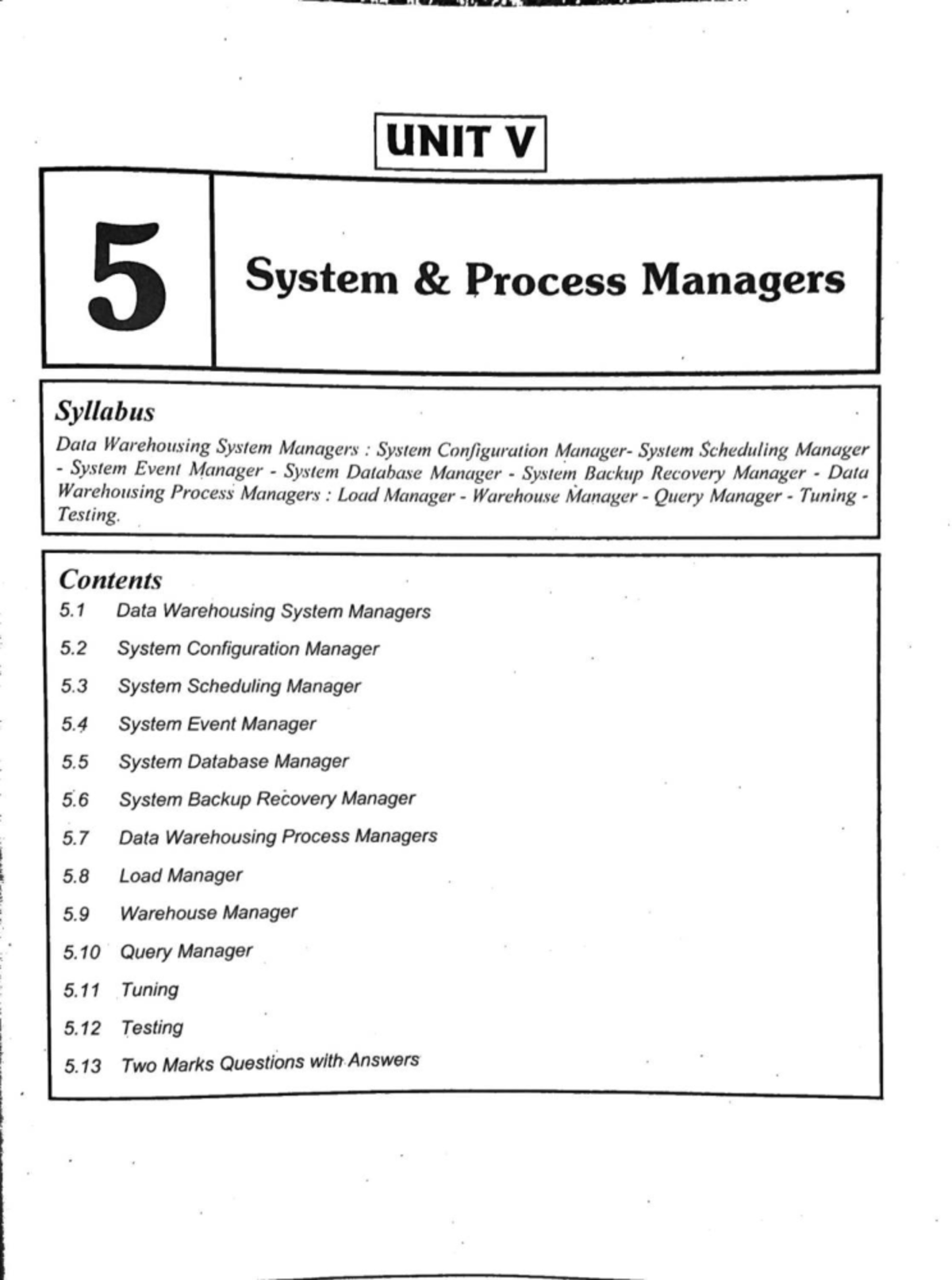 DW Unit V: System Process Managers in Data Warehousing - Studocu