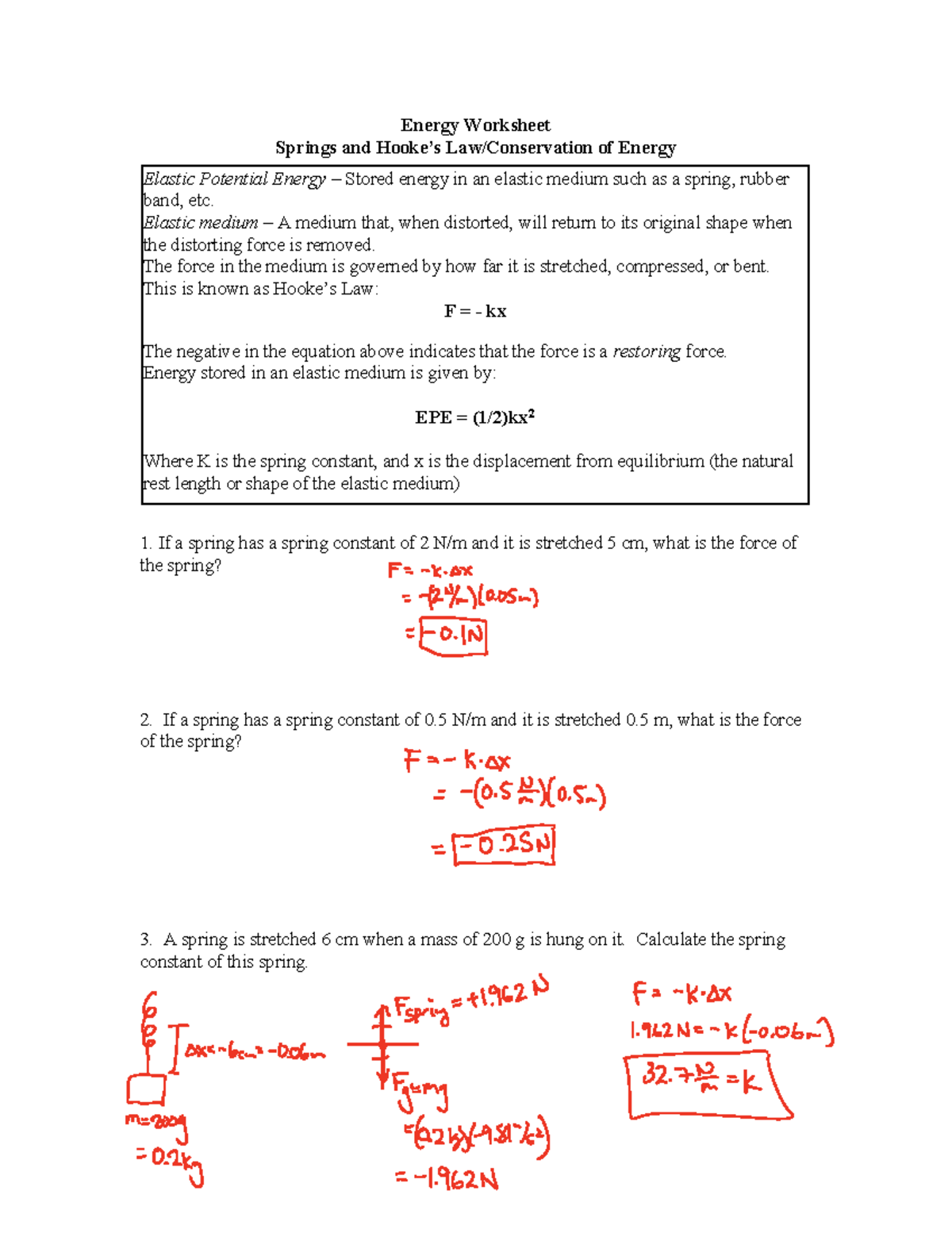 Elastic Potential Energy Worksheet Answers - Energy & Springs Concepts ...