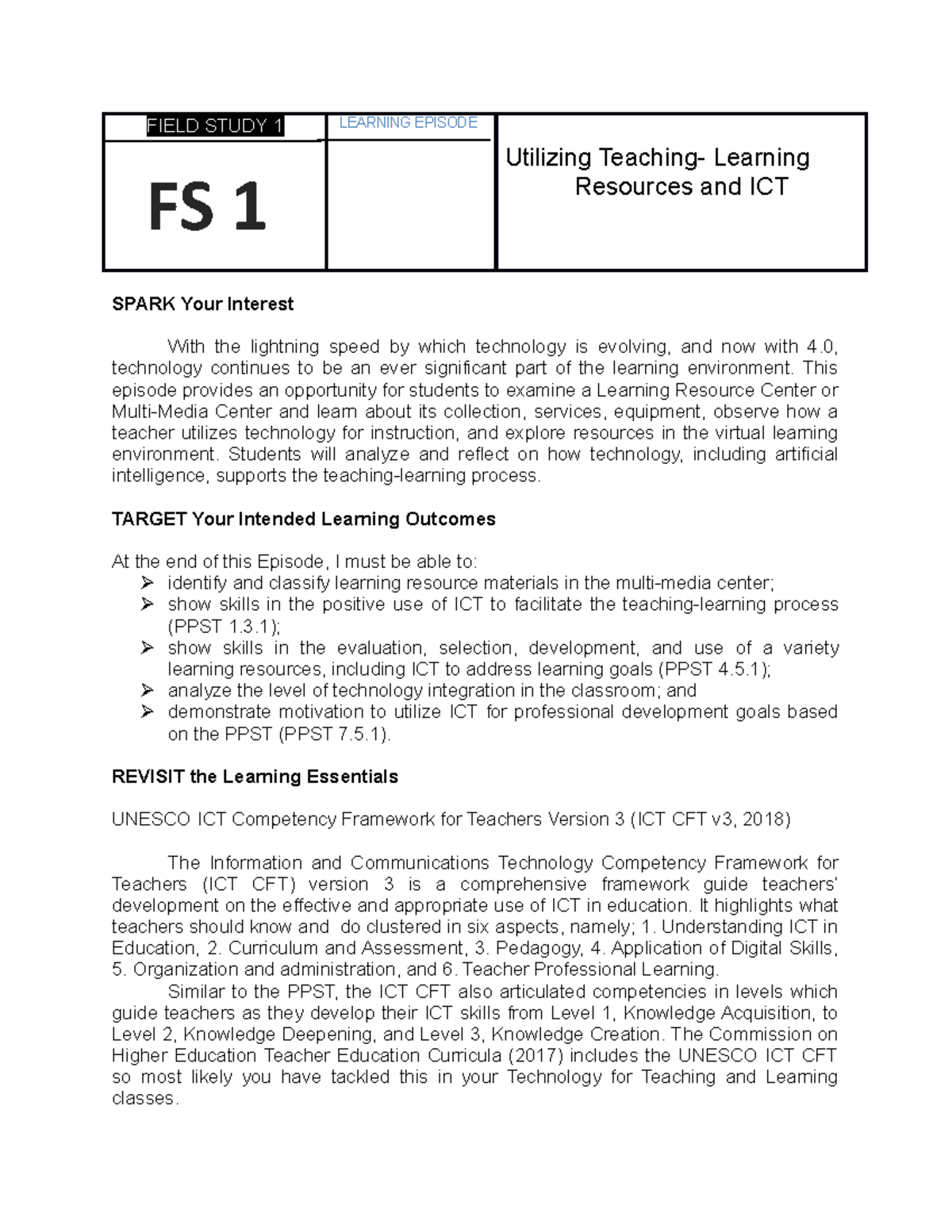 FS 1 Learning Episode 11: Analyzing Teaching-Learning Resources & ICT - Studocu