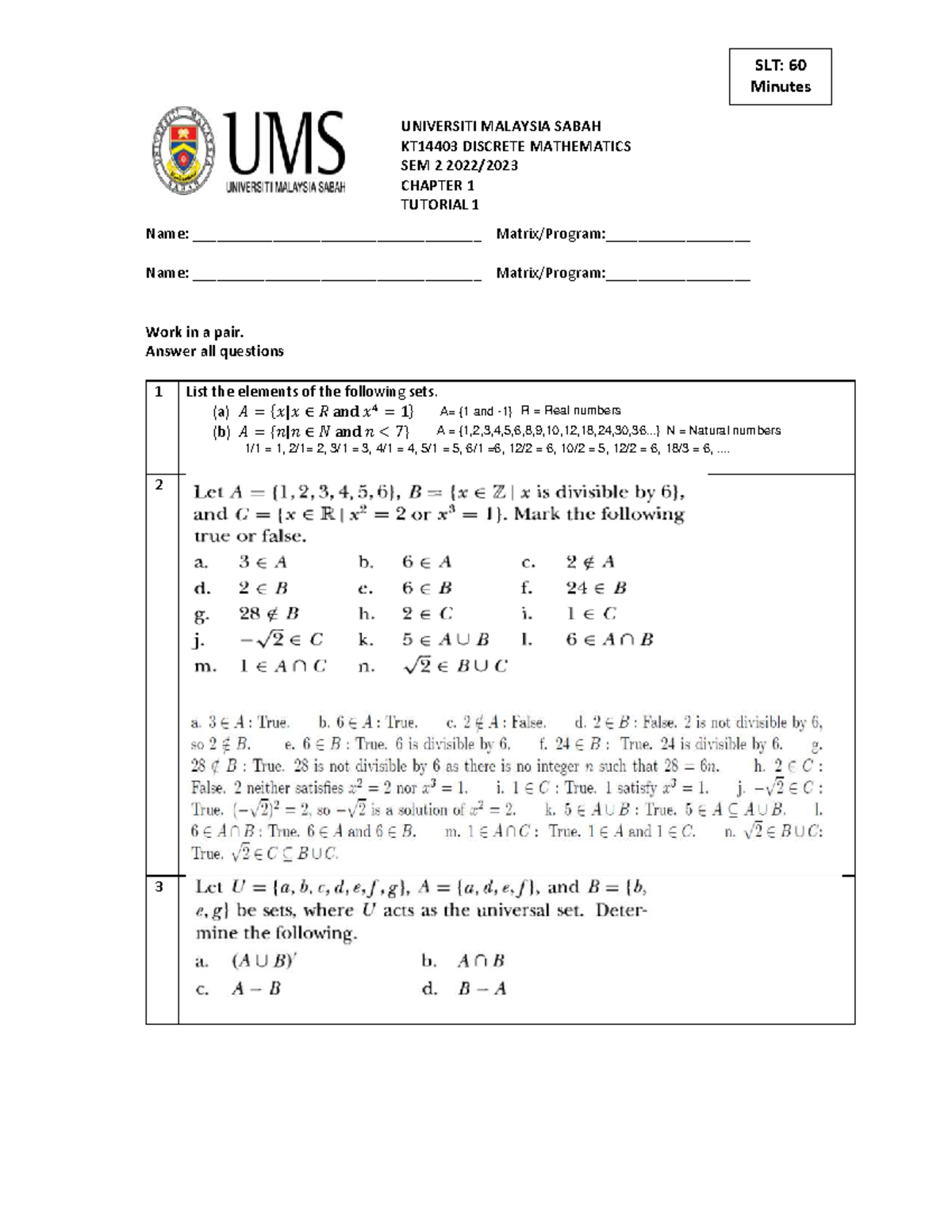 SLT: KT14403 Discrete Mathematics Sem 2 Chapter 1 Tutorial 1 Solutions ...