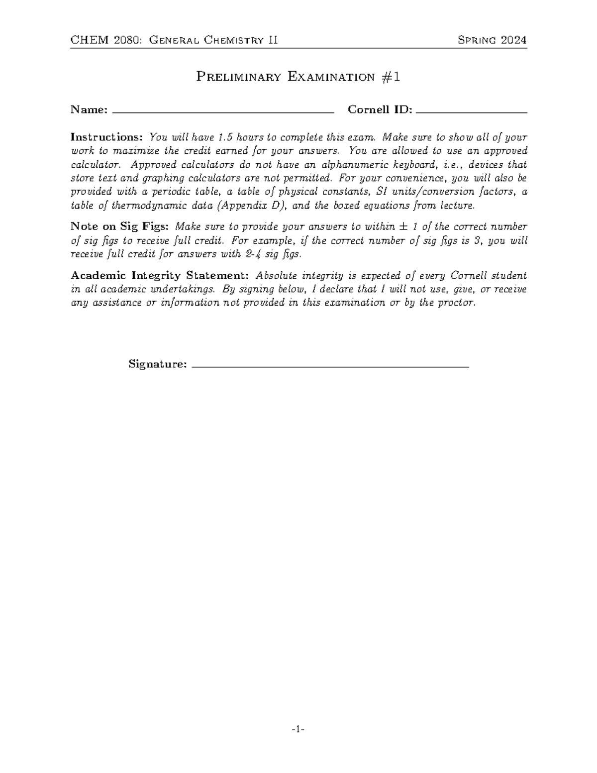 PE-1-2024 - Preliminary Exam 2024: Thermochemistry & Kinetics Overview ...