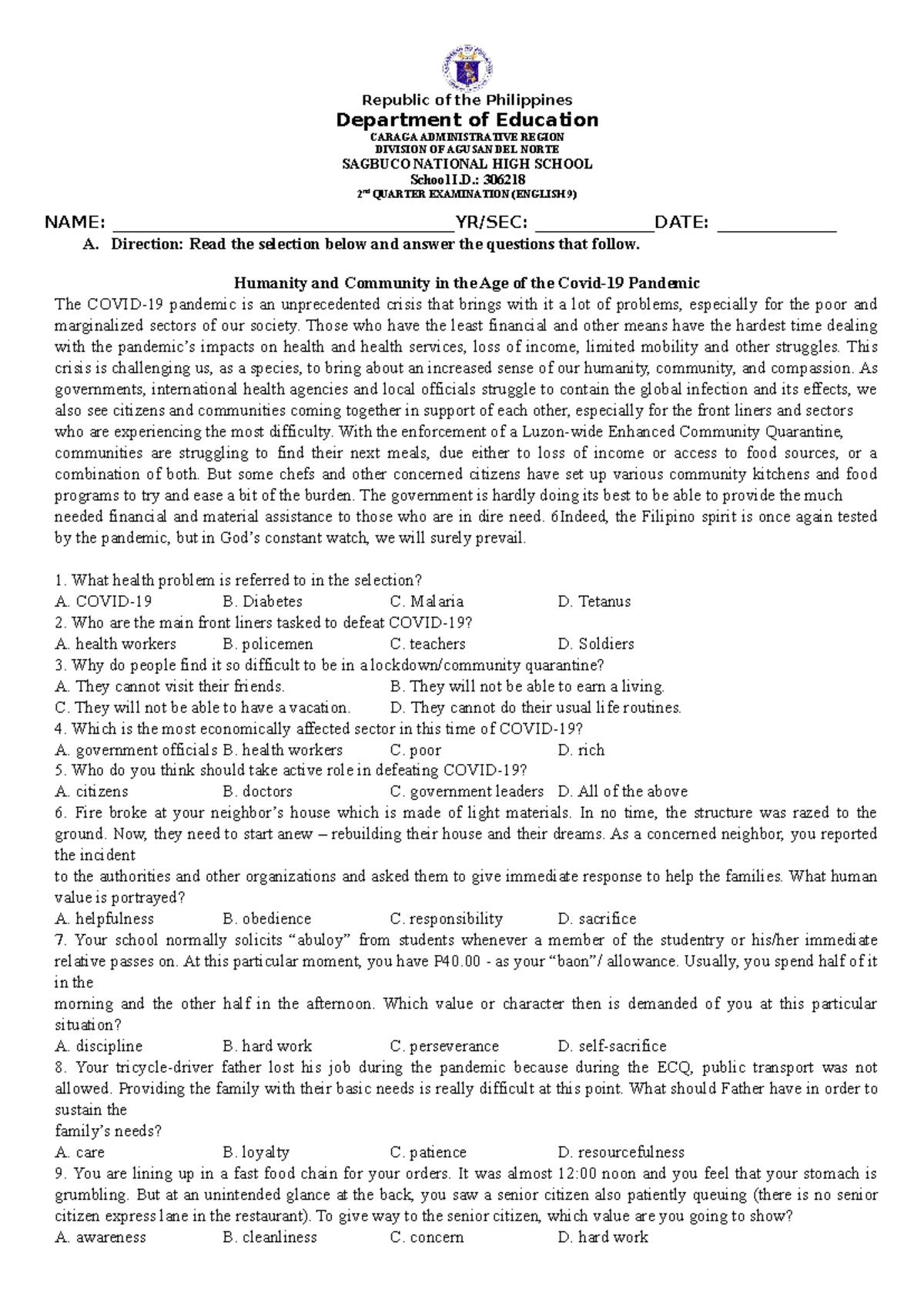 ENG9-2ND Quarter EXAM - FOR INFORMATION PURPOSES - Republic of the ...