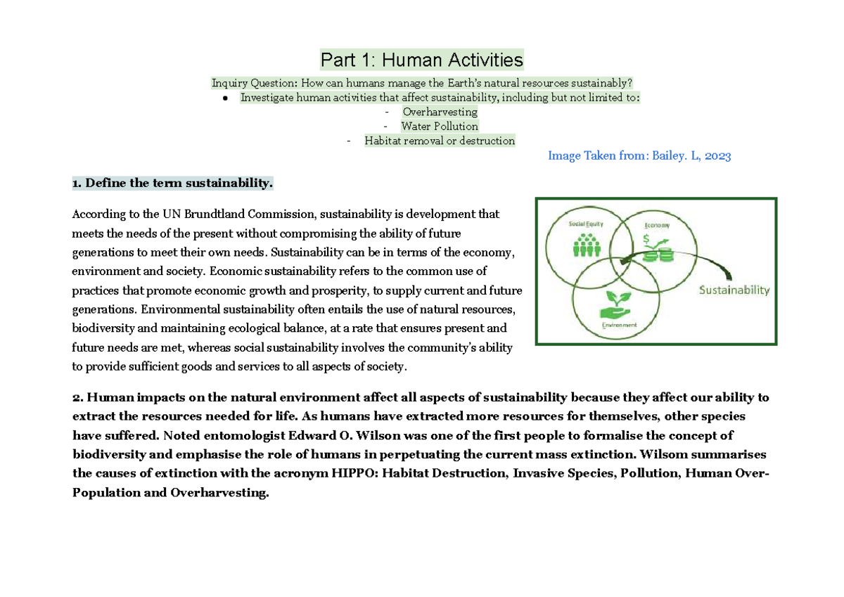 Sustainability and Human Activities: Managing Resources (ENV 101) - Studocu