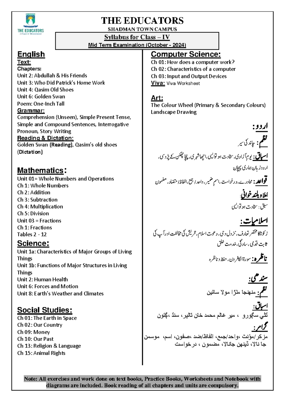 Midterm Syllabus for Class IV 2024 - All Subjects Overview - Studocu