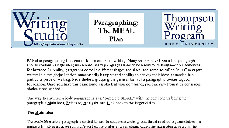 MEAL Plan for Effective Paragraphing: A Guide to Academic Writing - Studocu