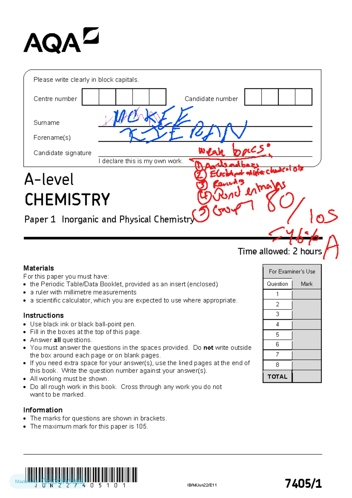 2022 A Level Chemistry Paper 1: Inorganic & Physical Chemistry Exam ...