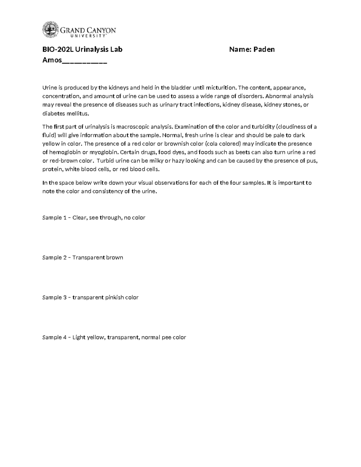 BIO-202L Final Exam Urinalysis Lab Report and Case Studies Analysis ...