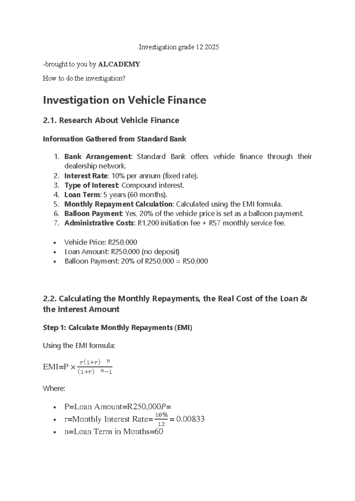 Alcademy Grade 12 Investigation on Vehicle Finance Analysis - Studocu