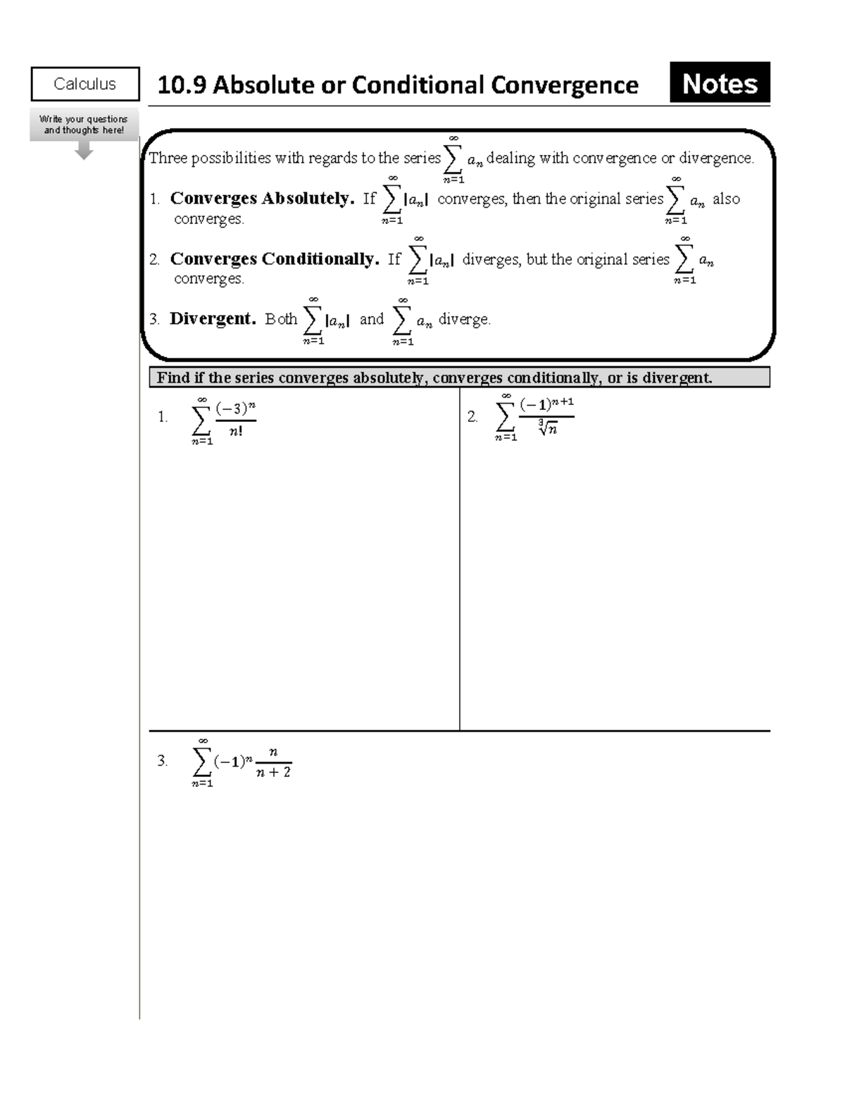 Calc 10 - Class Notes on Series Convergence and Divergence - Studocu