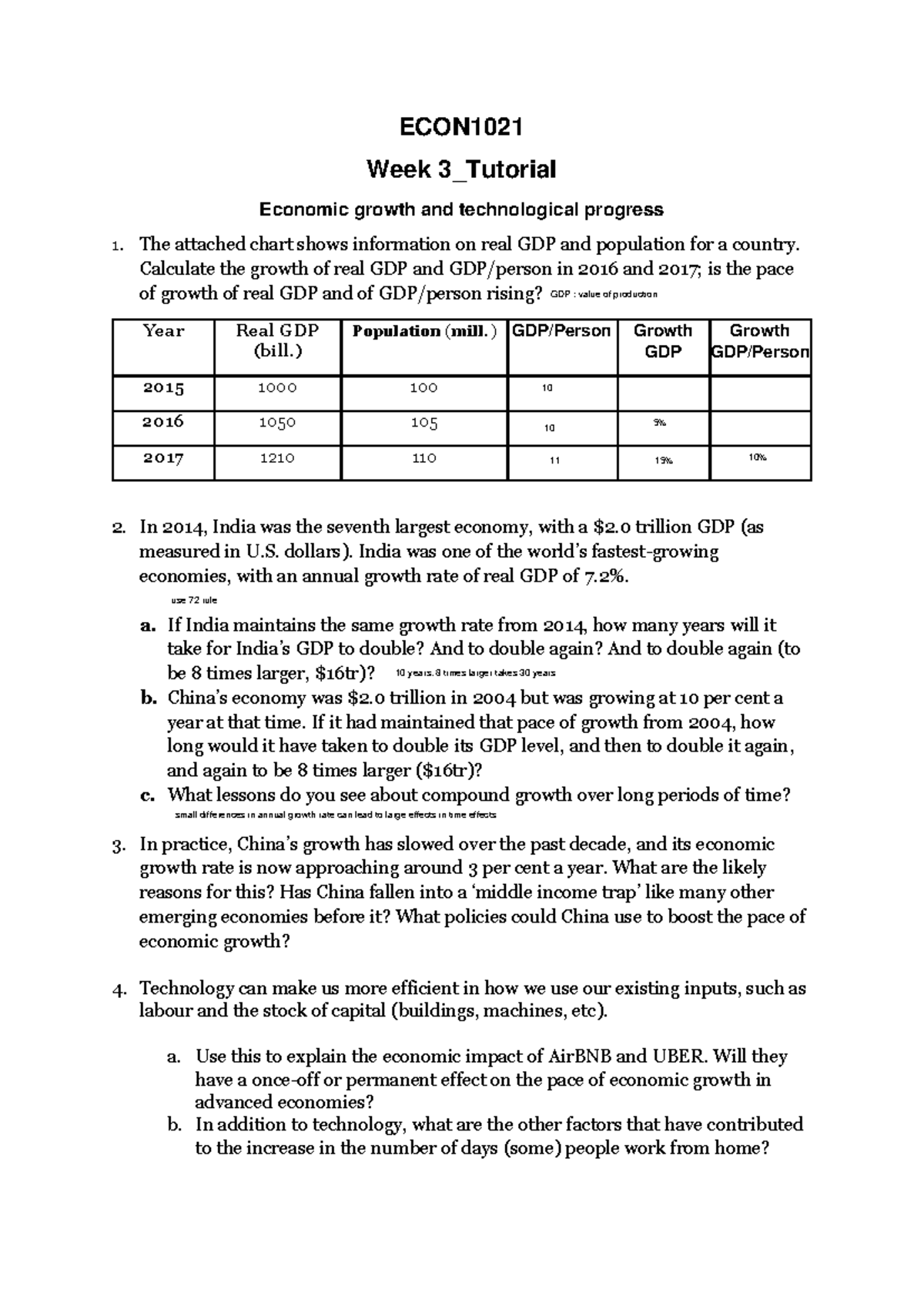 1021 S2 Week 3 Tutorial Questions on Economic Growth Analysis - Studocu
