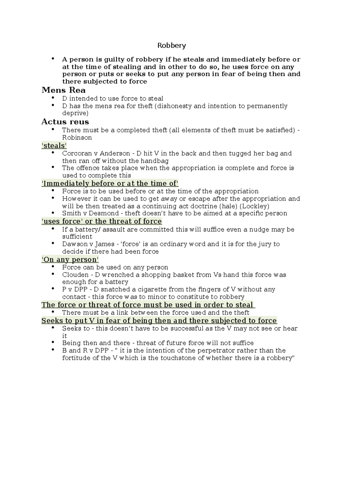 Robbery - A Level OCR Law Notes Summary and Analysis - Studocu