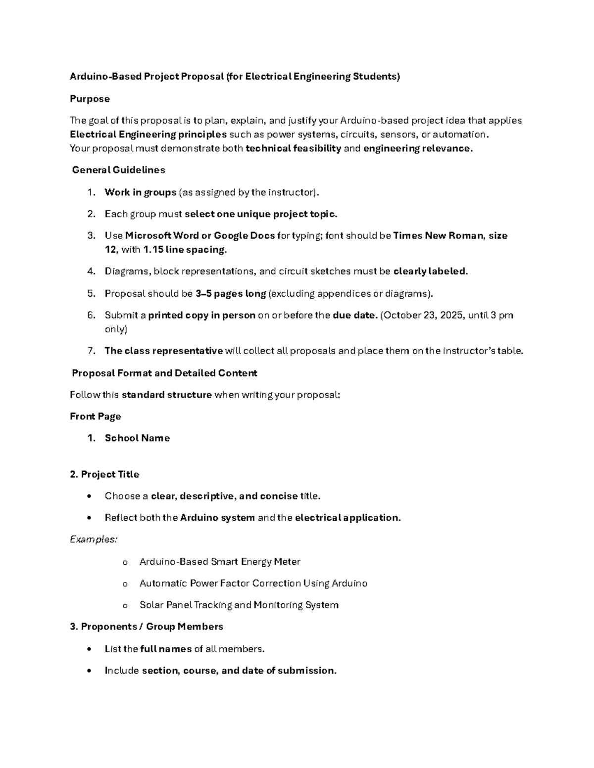 EE Project Proposal Format: Arduino Applications and Guidelines - Studocu