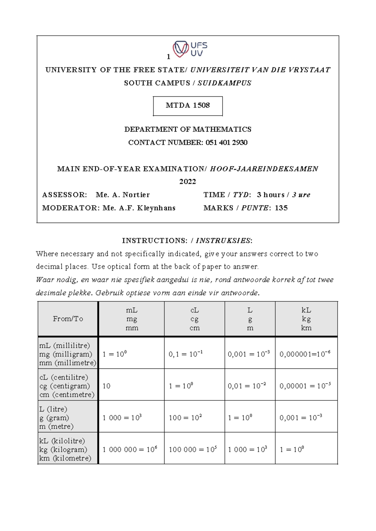 Main End-of-Year Exam MTDA1508 2022: Mathematics Questions & Answers ...