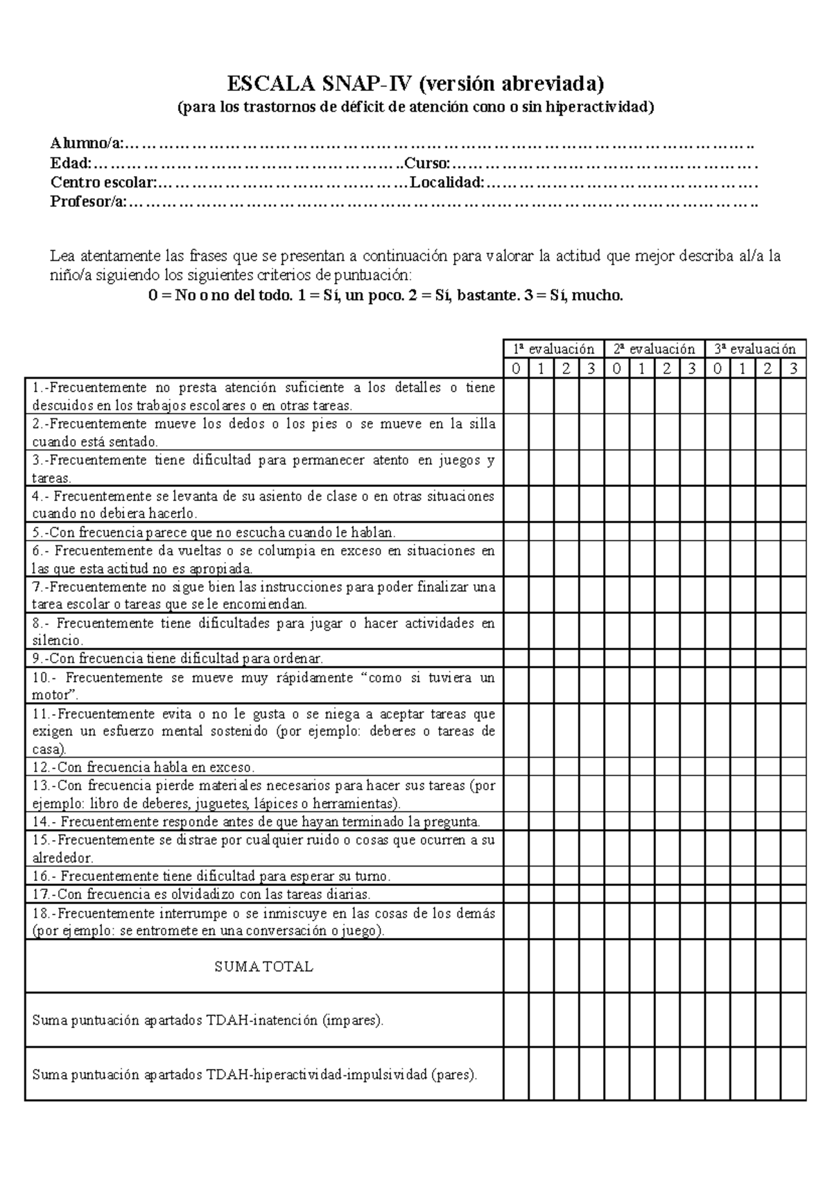 ESCALA-SNAP-IV: Evaluación de Trastornos de Déficit de Atención - Studocu