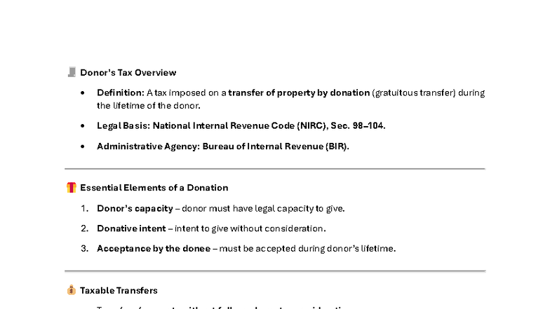 Donor's Tax Overview: Key Elements & Legal Basis (Tax 101) - Studocu