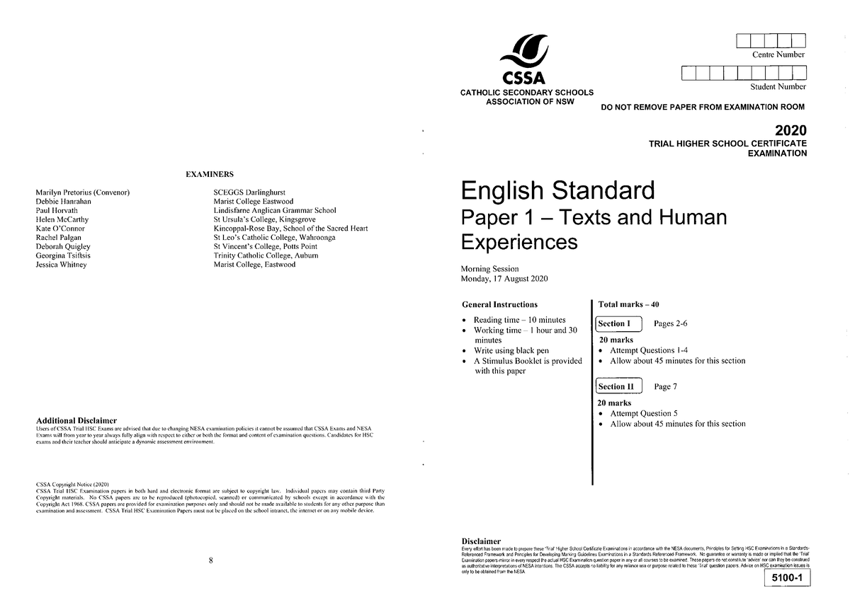 CSSA Trial HSC 2020 English Standard Paper 1: Texts & Human Experiences ...