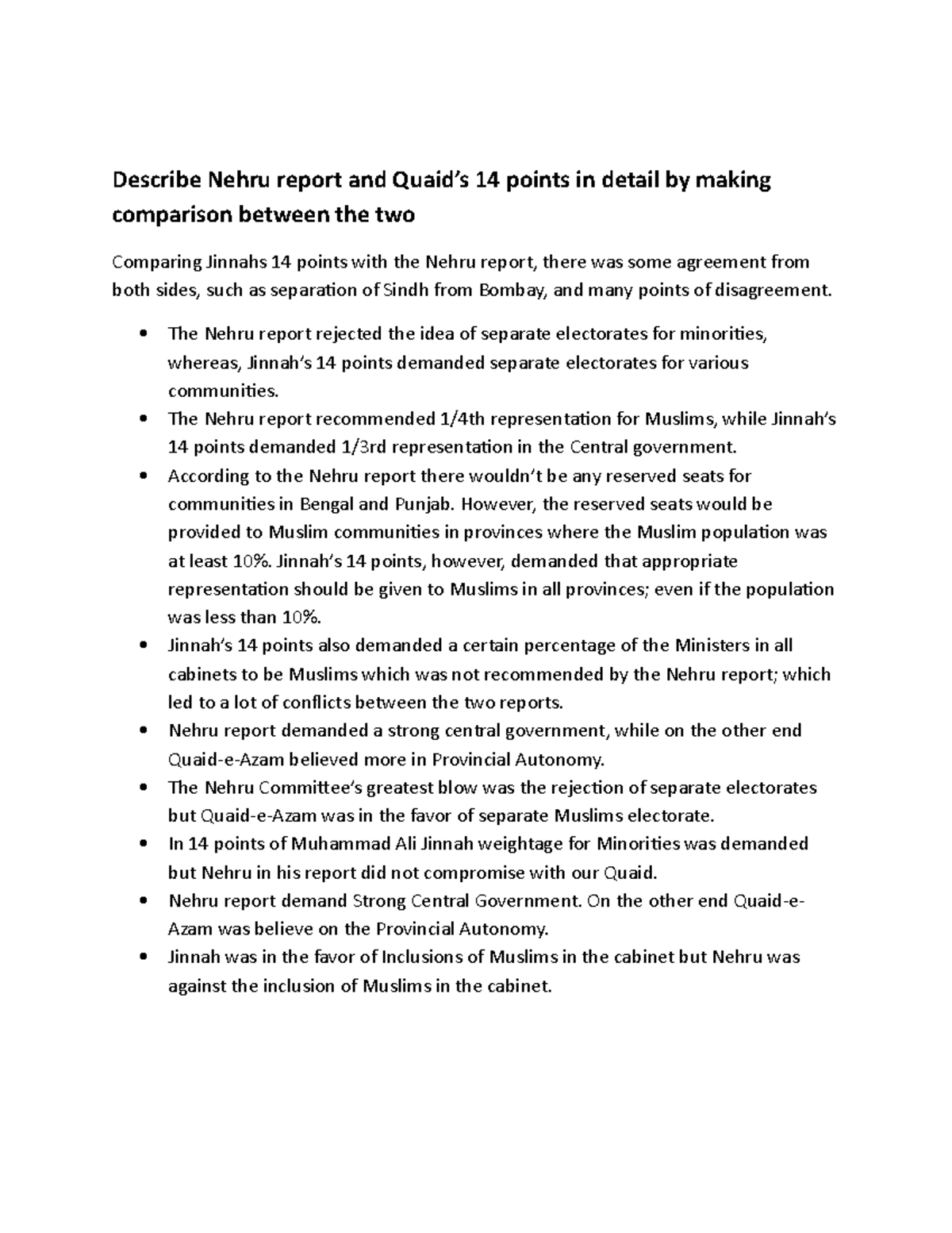 Pakstduies - assignment - Describe Nehru report and Quaid’s 14 points ...