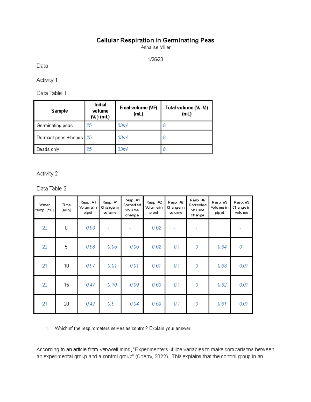 Cellular Respiration in Germinating Peas: Experimental Data & Analysis ...