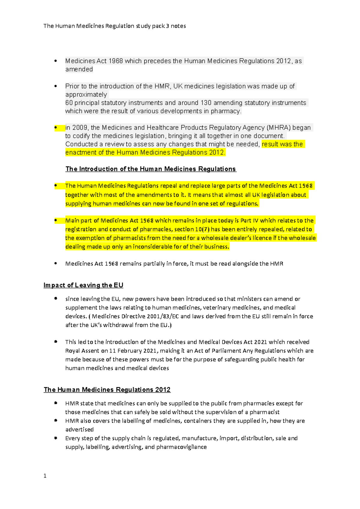 Human Medicines Regulation Study Pack 3 Notes (HMR 2012) - Studocu