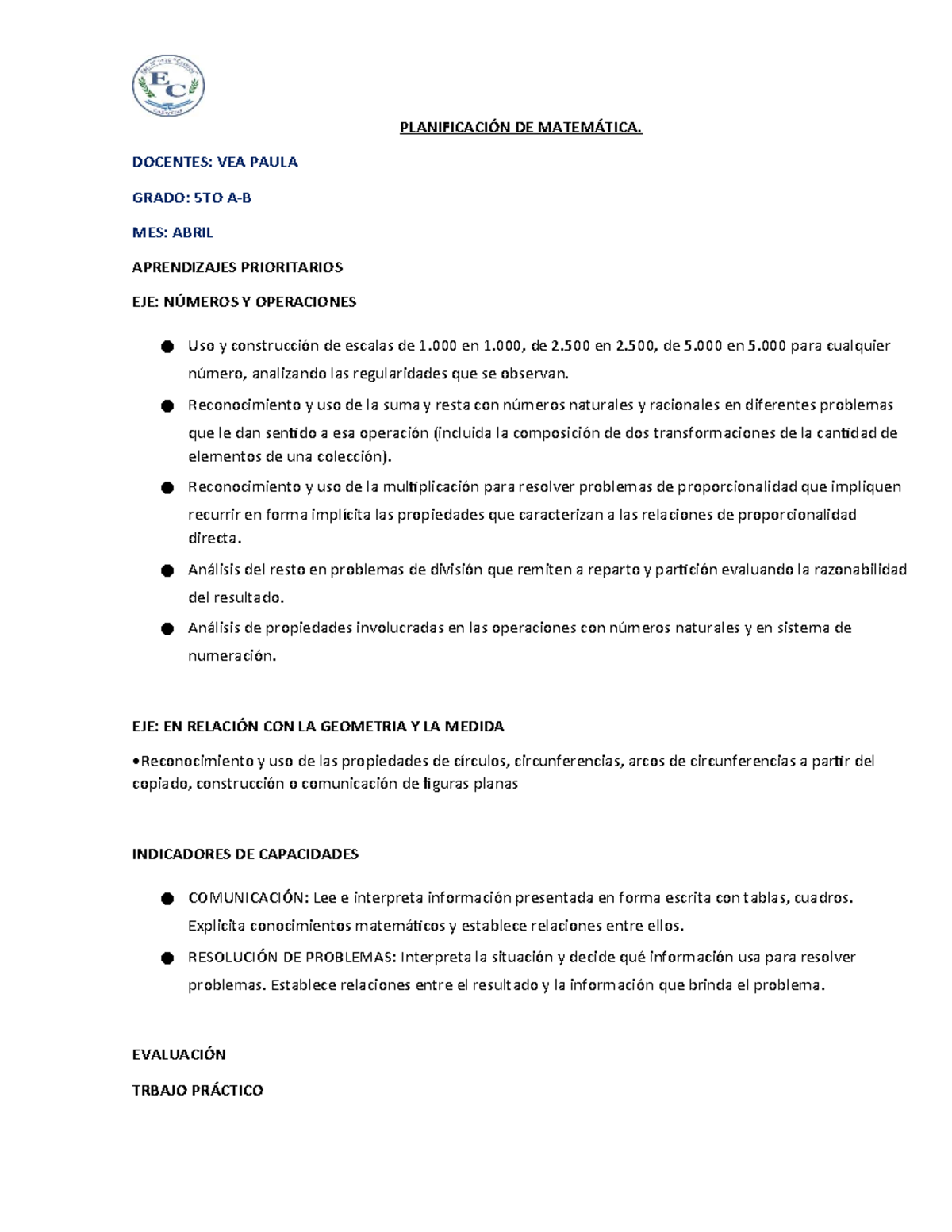 Abril 5TO - Planificación de Matemática: Números y Operaciones - Studocu