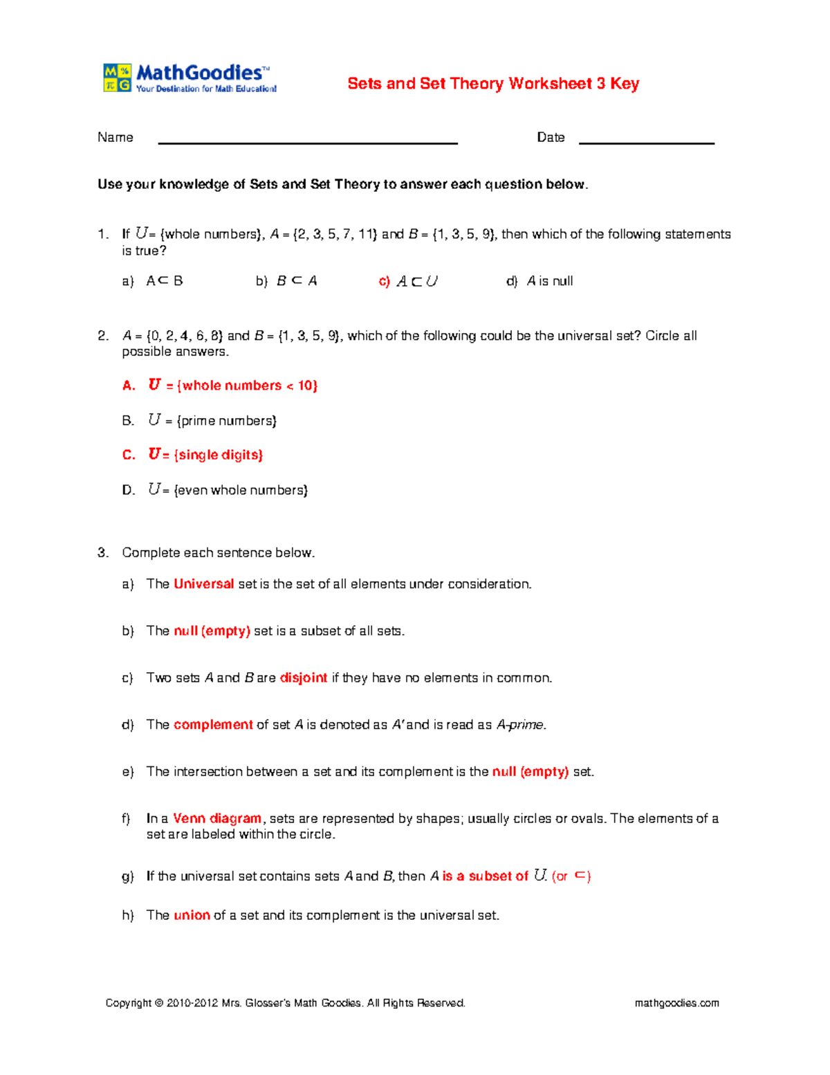 Unit 15 Worksheet 3 Key: Sets and Set Theory Solutions - Studocu