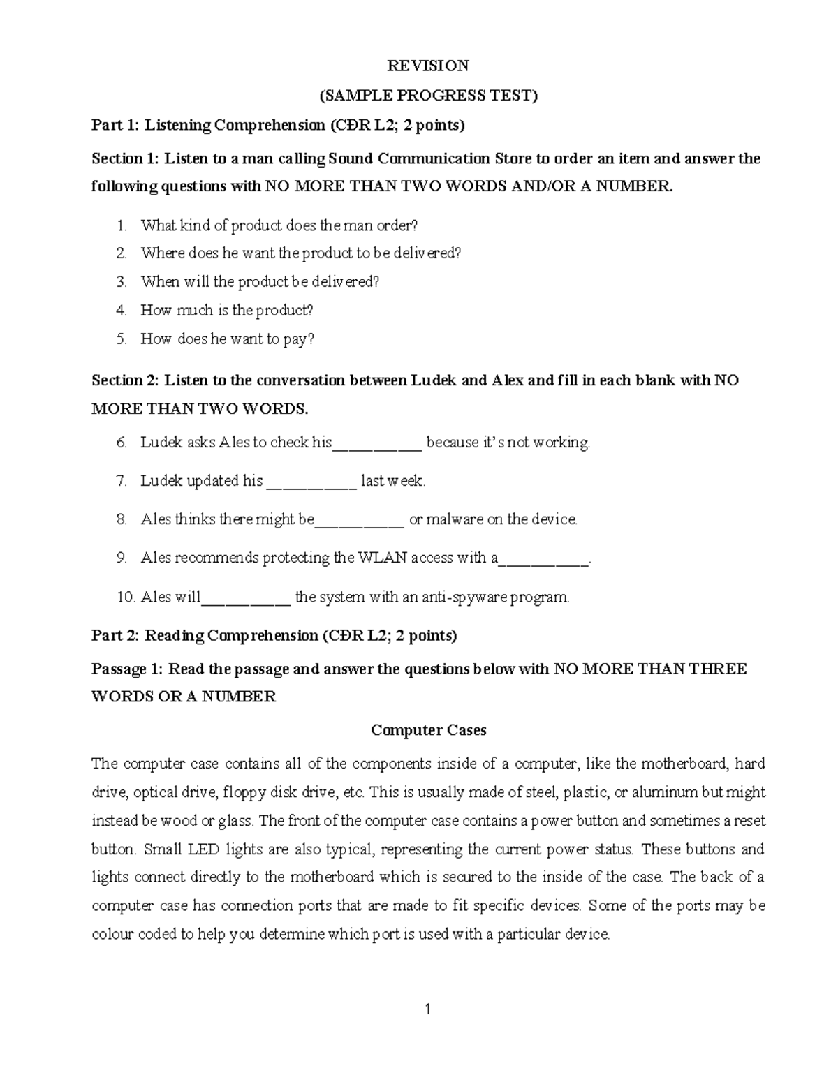 Revision TX2: Listening & Reading Comprehension Test - Studocu