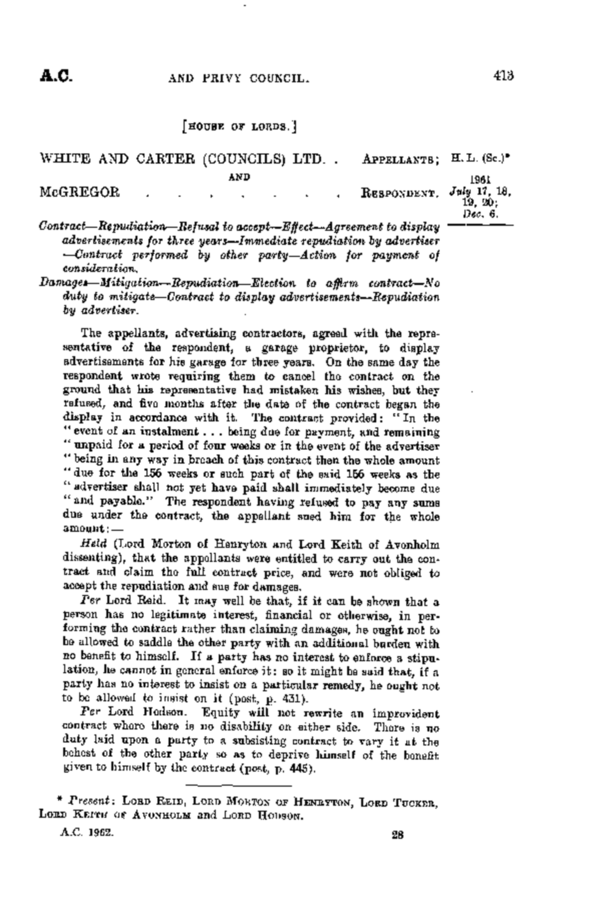 [1962] 1 AC 413 - A. AND PRIVY COUNCIL. 413 OF LORDS. WHITE AND CARTER ...