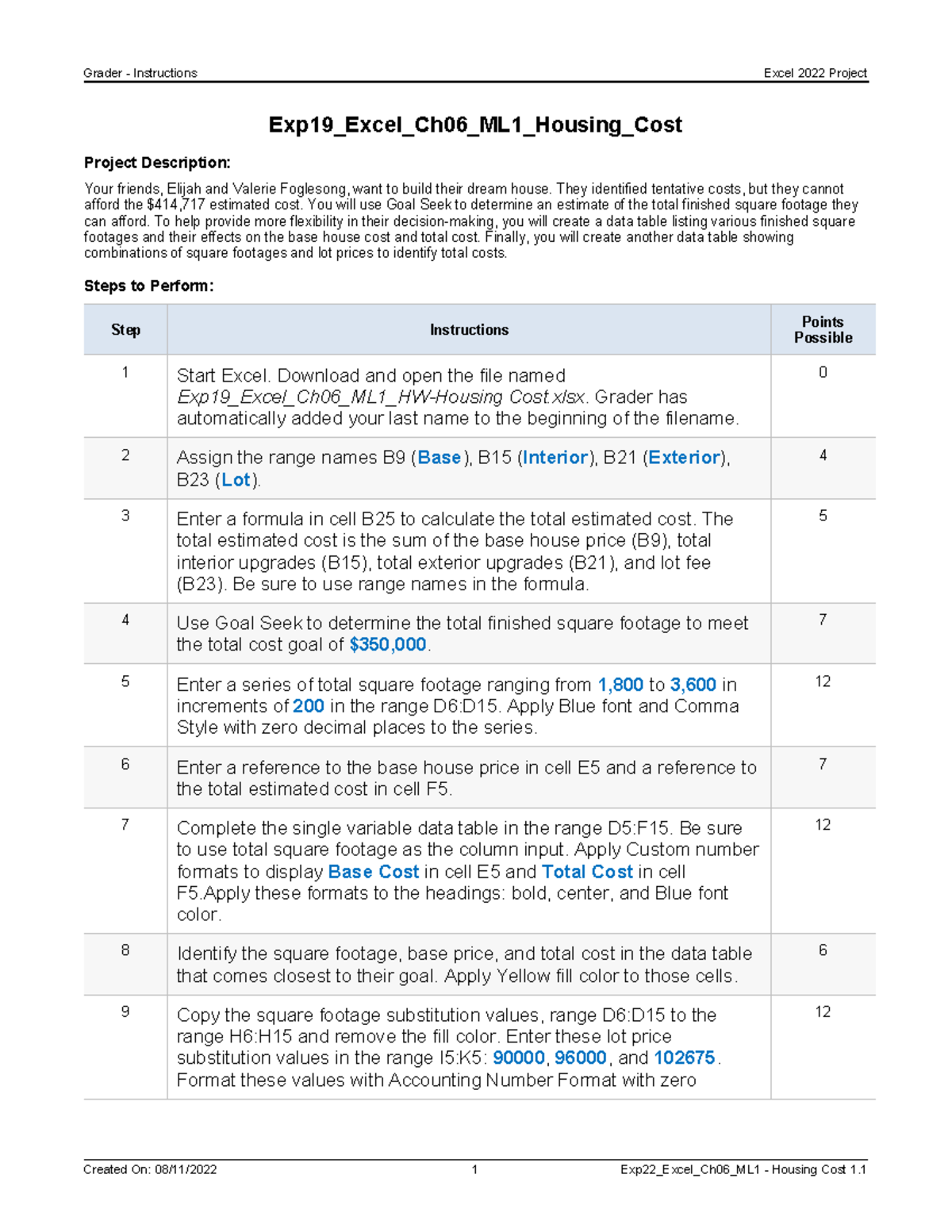 Exp19 Excel Ch06 ML1 Housing Cost Instructions - Grader - Instructions Excel 2022 Project - Studocu