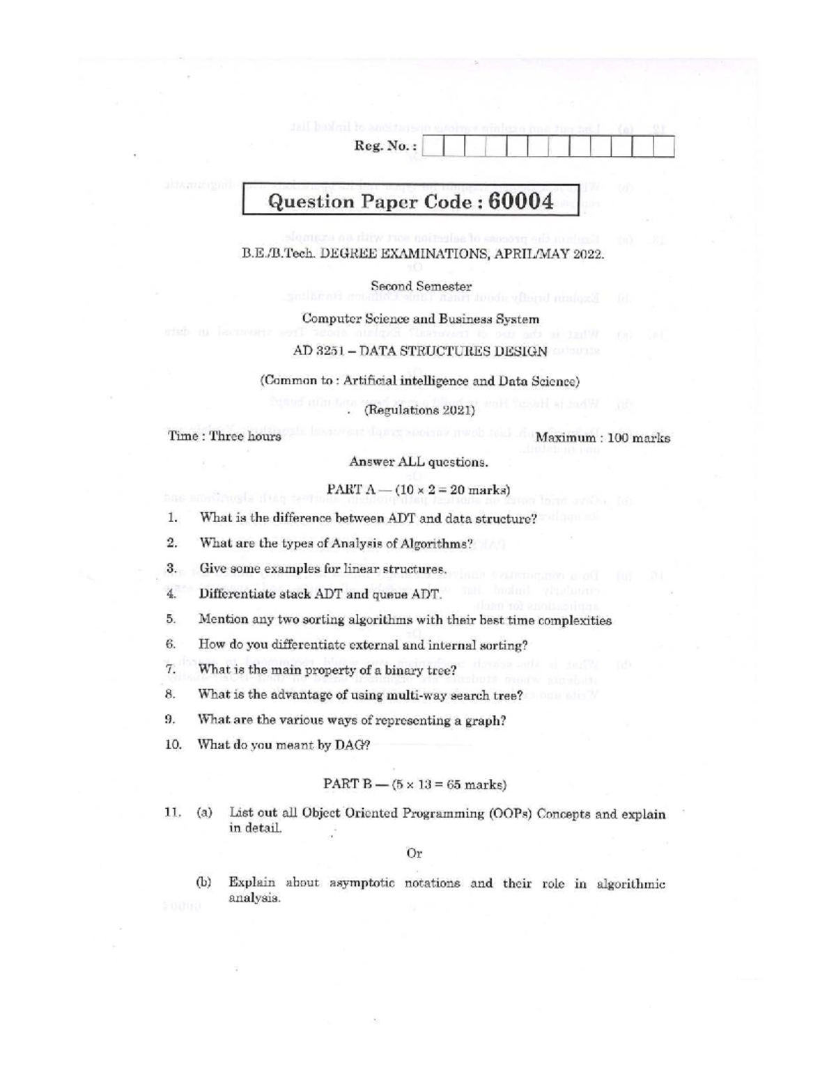 AD3251 - Data Structures Design Final Exam Question Paper 2022 - Studocu