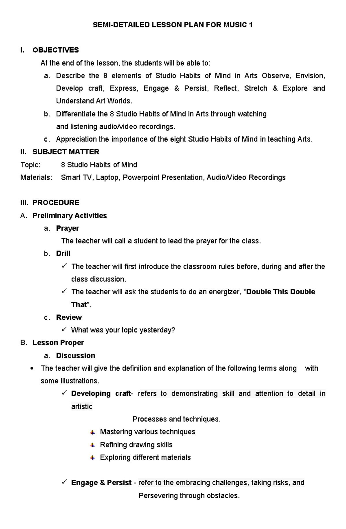 Music 1: Understanding 8 Studio Habits of Mind - Lesson Notes - Studocu