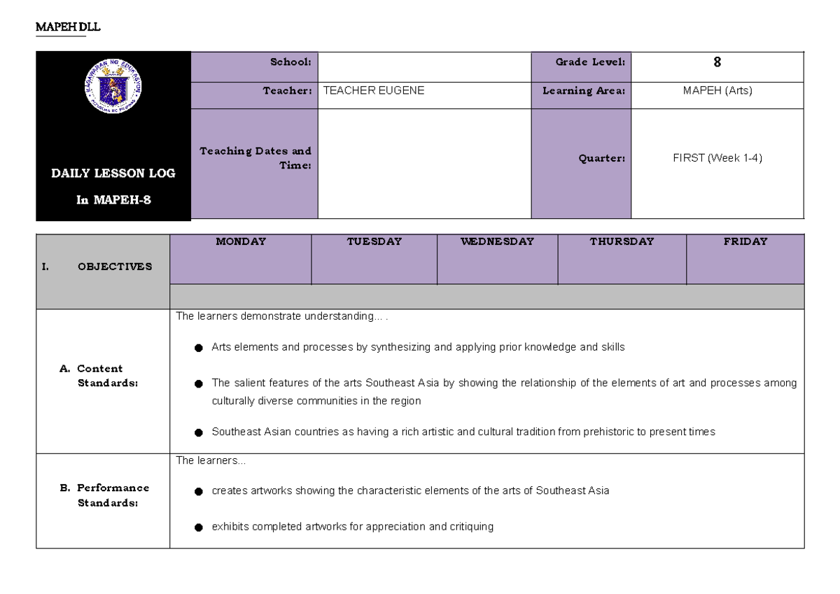 Q1 DLL - MAPEH 8 Arts: Southeast Asian Fabric Design and Techniques ...