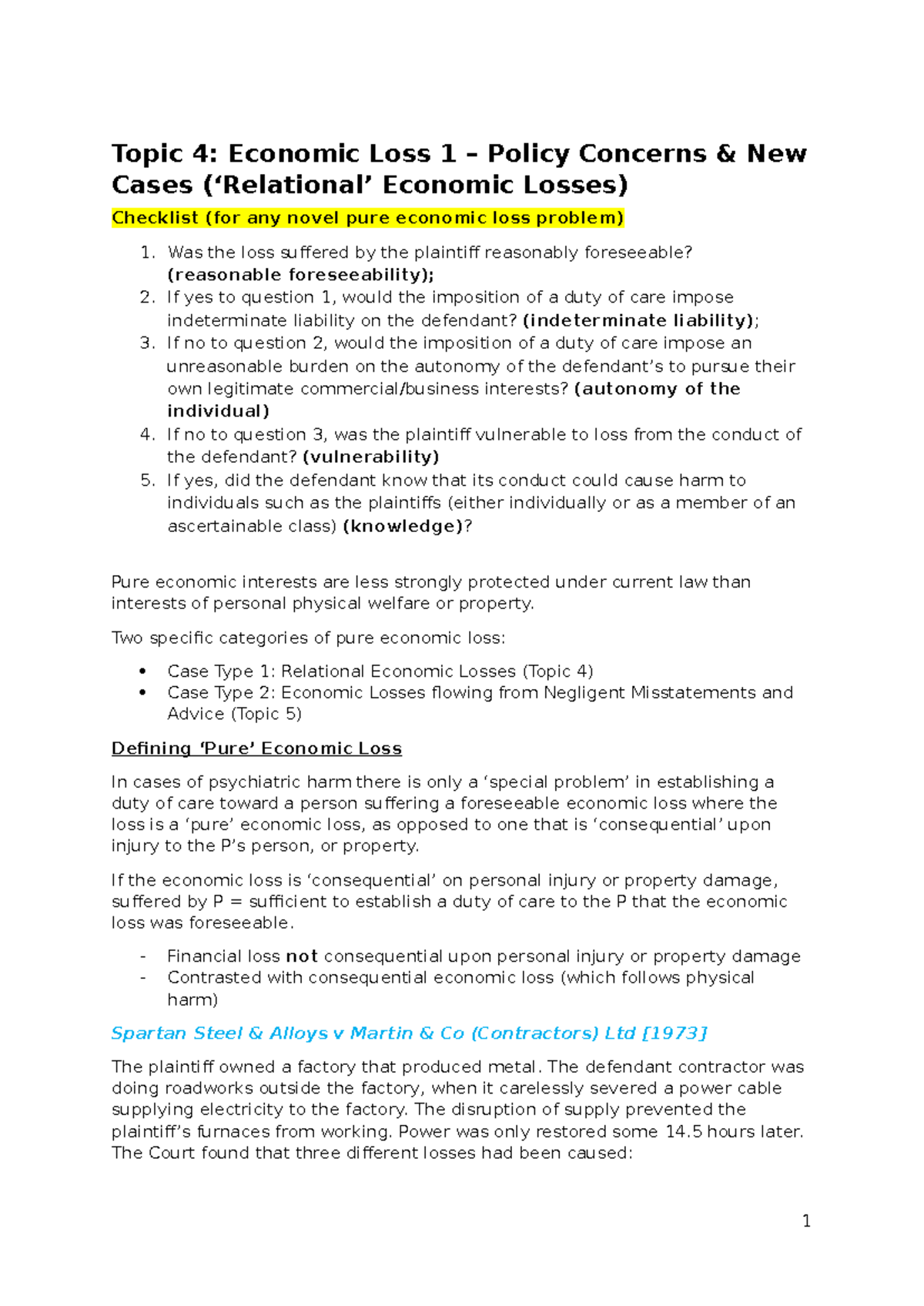 LAWS2703 Topic 4-6 Notes: Understanding Economic Loss and Liability ...