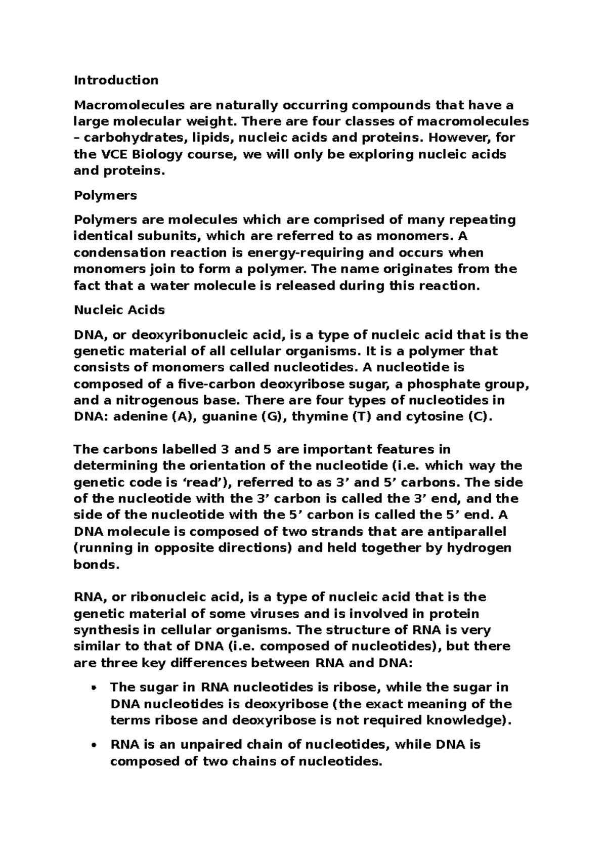 VCE Biology: Biomacromolecules and Protein Structure Notes - Studocu