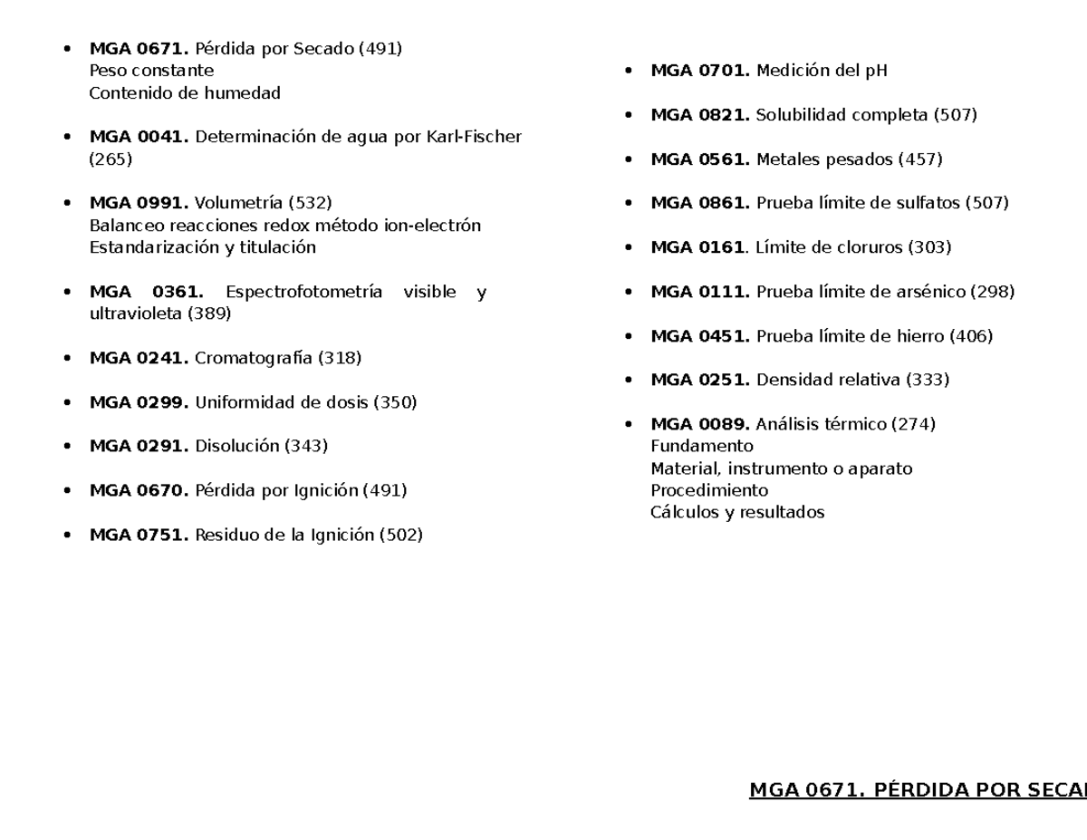 MGA 0671 y MGA 0041: Métodos de Análisis de Humedad y Volatilidad - Studocu